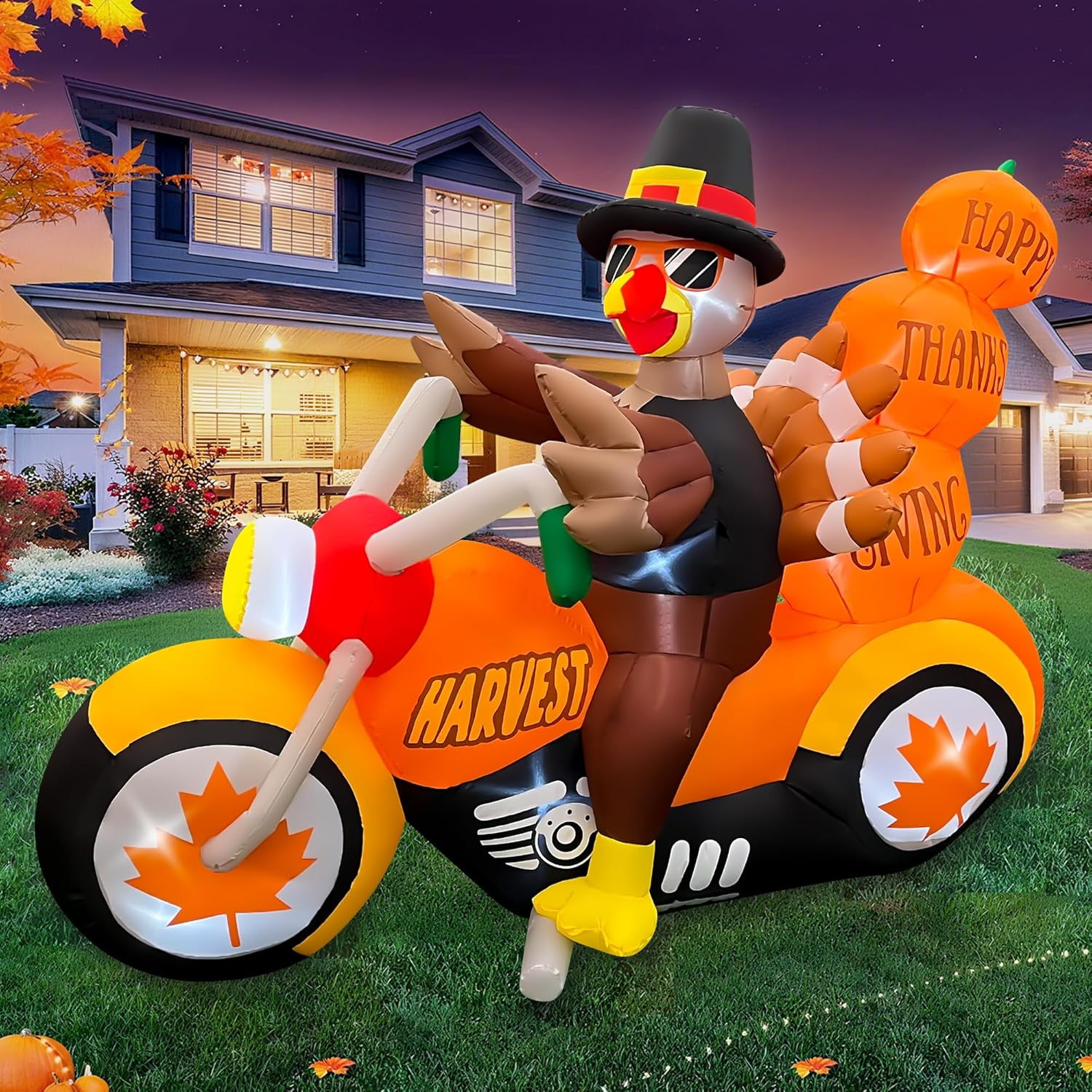 6.5 FT Thanksgiving Inflatable Turkey Riding Motorcycle with Pumpkins ...