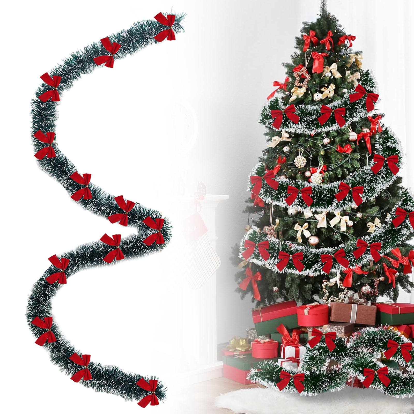 6.5 Feet Christmas Tinsel Garland with 12 Bows Artificial Christmas ...