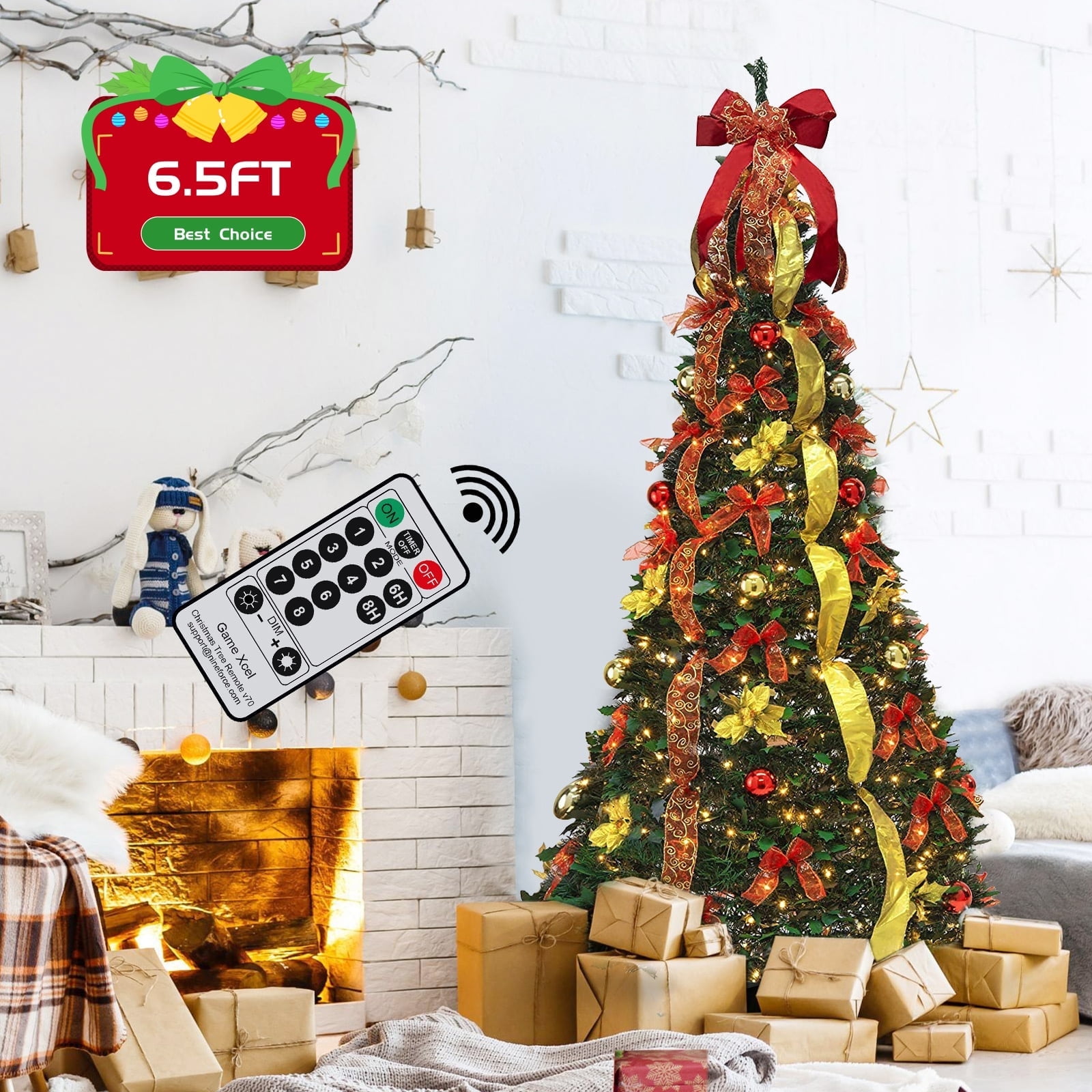 6.5 Ft Pre-lit Christmas Tree - Fully Decorated Pull Up Christmas Tree ...