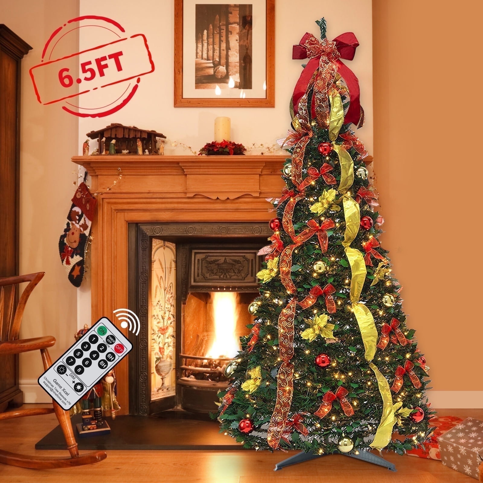 6.5 Ft Pull Up Xmas Tree, 200 LED Lights, Ornaments, Red&Gold Ribbon ...
