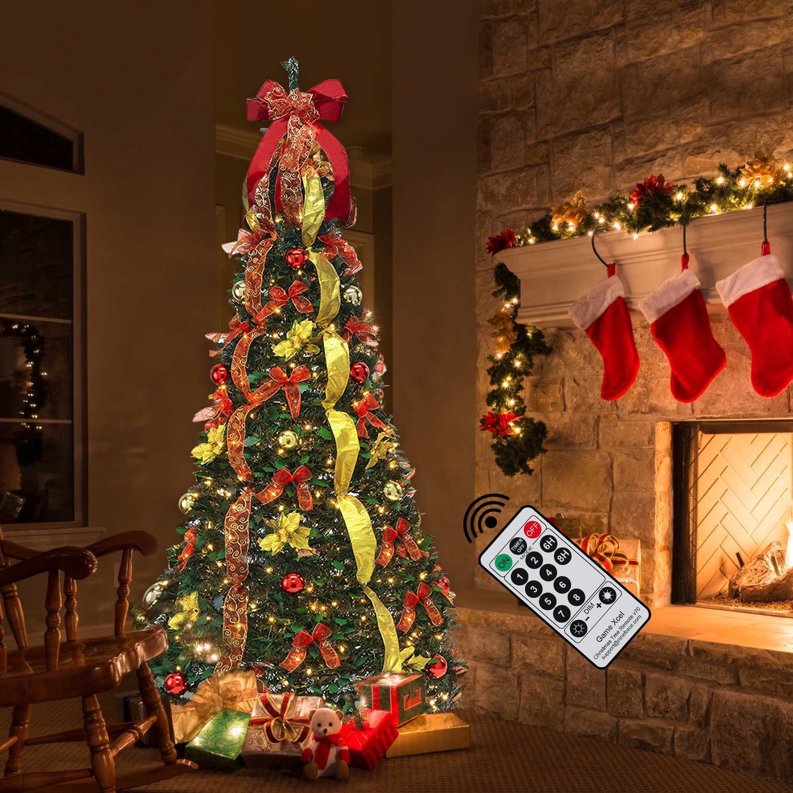 6.5 Ft Pull Up Christmas Tree with Remote, LED Lights, Ornaments, Red ...