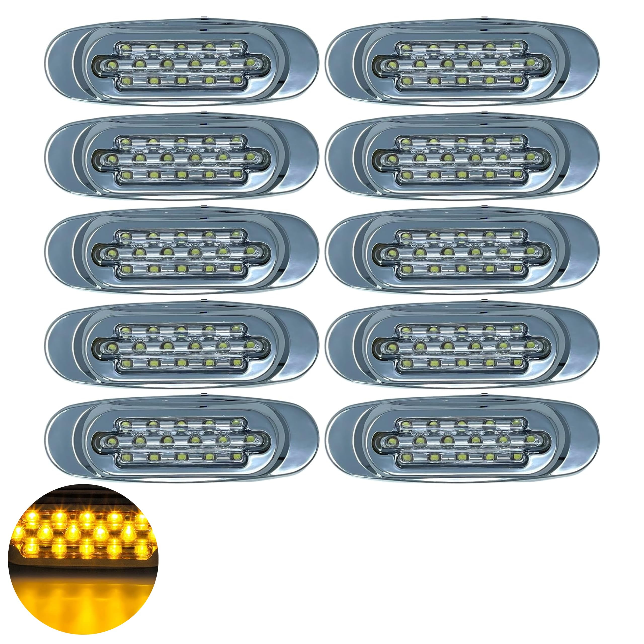 6.5" Inch Amber LED Side Marker Lights Clearance Chrome Bezel 10x Clear ...