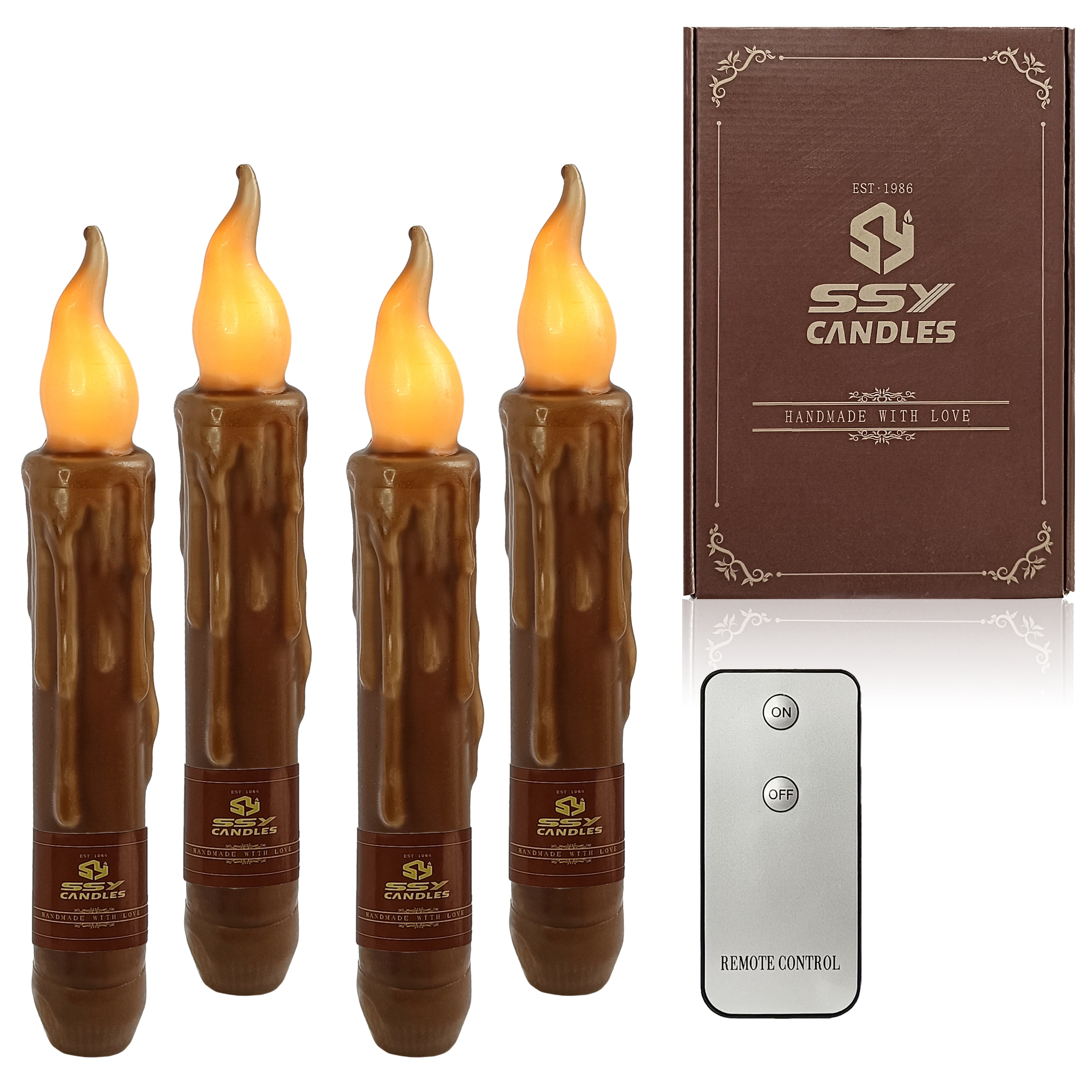 6.5 Inch Printed Flameless Candle Real Wax Brown LED Taper Candles with ...