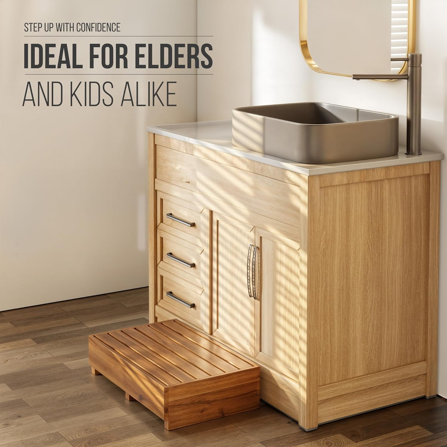 6.5" One Step Stool for Elderly, Acacia Wood High Riser Step Stool for ...