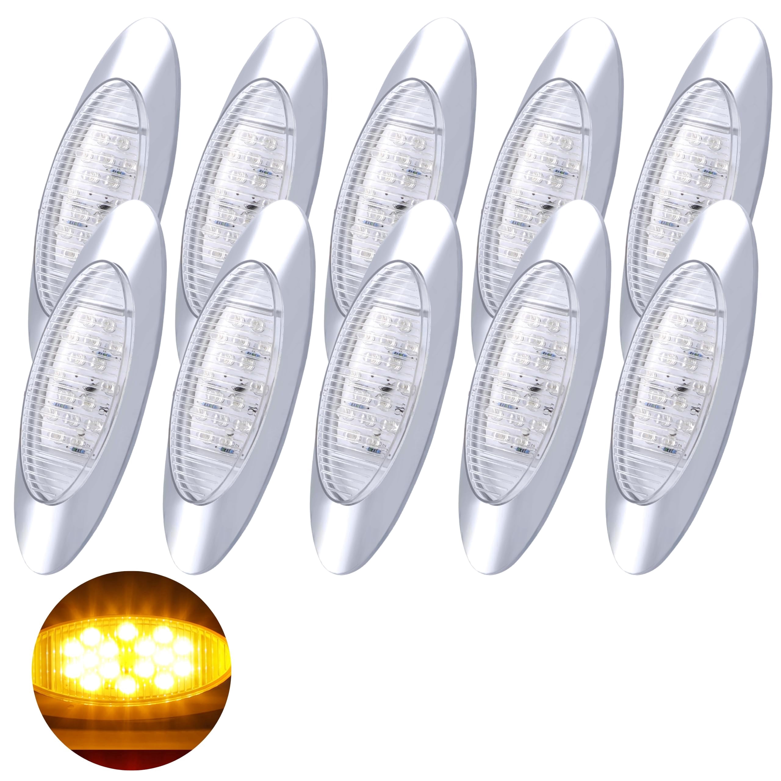 6.5" Oval 16 LED Side Marker Turn Signal Light Chrome Bezel 10x Amber ...