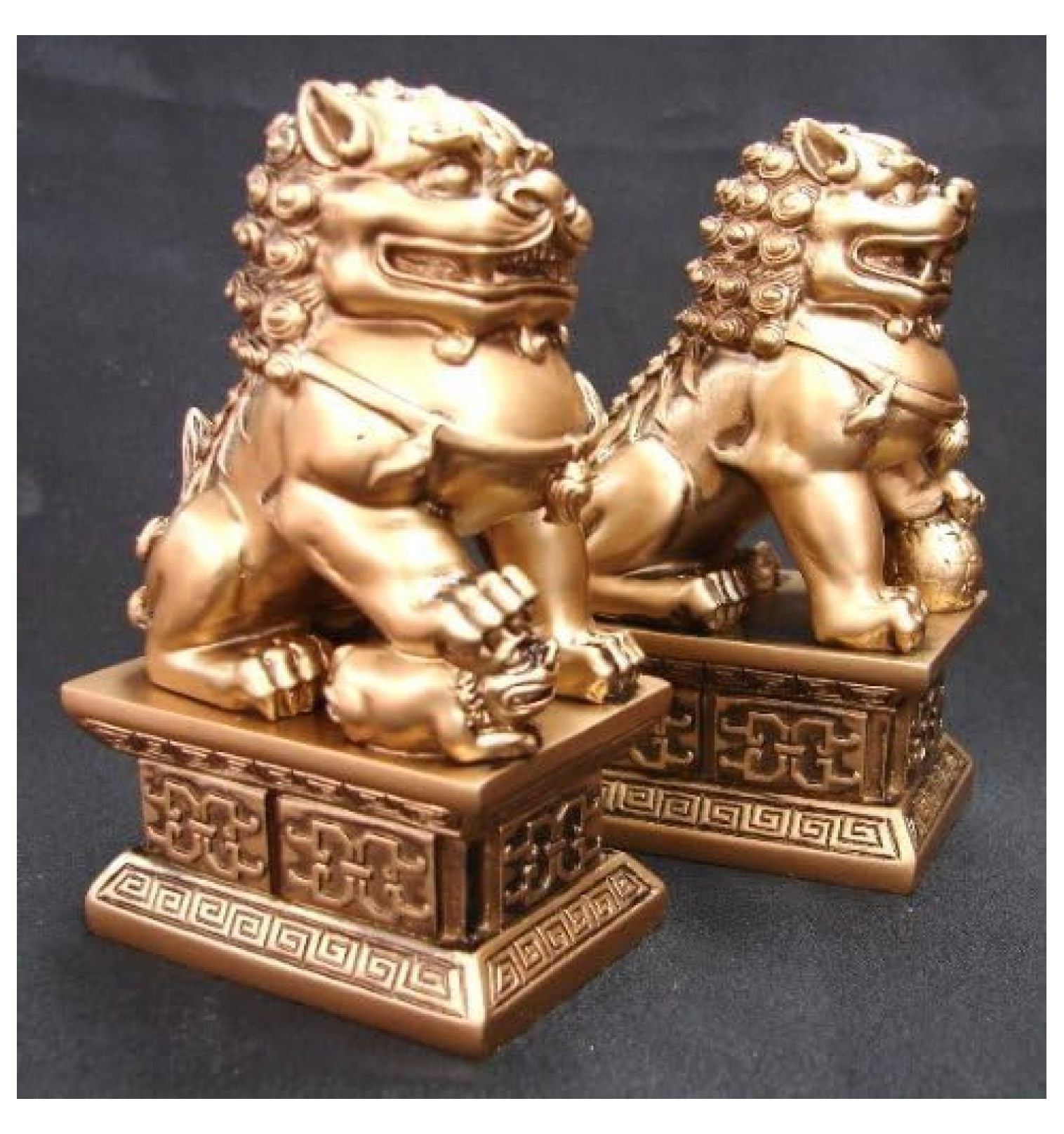6.5" Pair of Golden Feng Shui Foo Dogs, Fu Dog Statues, Chinese ...