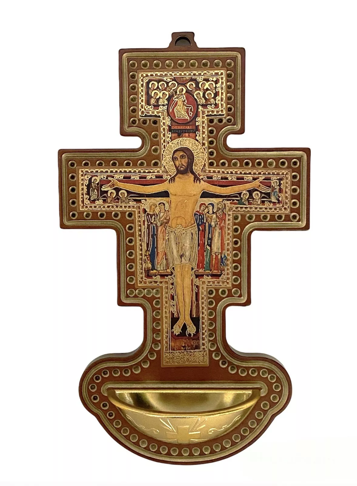 6.5" San Damiano Holy Water Font Crucifix – Hanging Catholic Wall ...