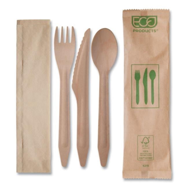 6.5 in. Wood Cutlery Kit - Fork, Knife, Spoon & Napkin - Natural - Case ...