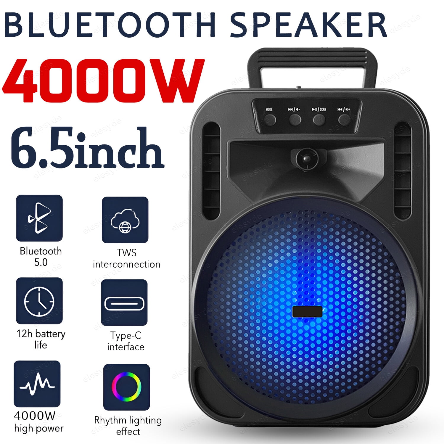 6.5-in Woofer Portable Bluetooth Party Speaker Subwoofer Heavy Bass ...
