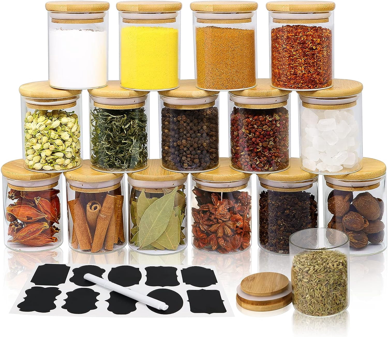 6.5 oz Glass Spice Jar with Bamboo Airtight Lids and Labels, Small ...