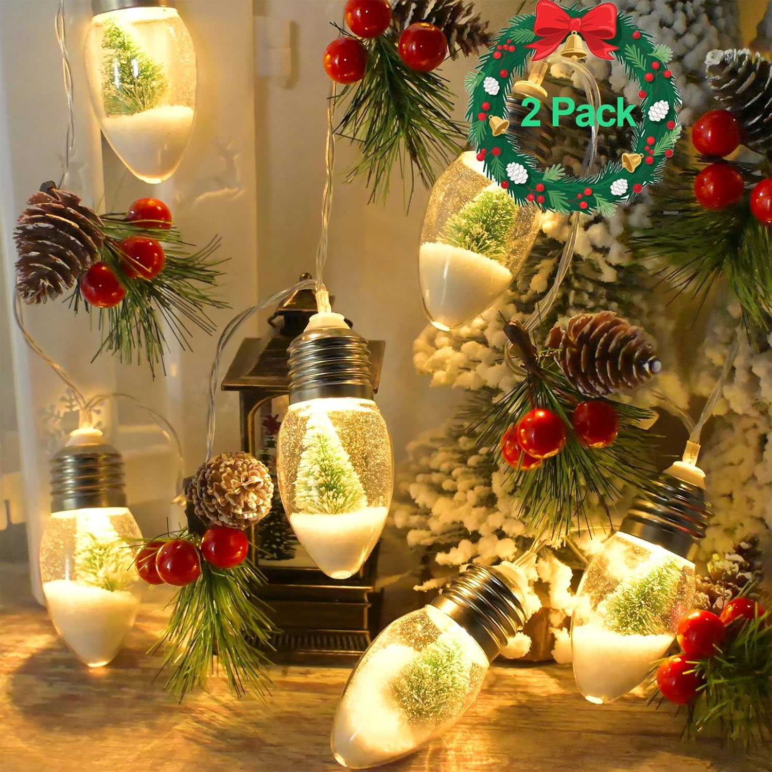 6.56 FT Christmas Pine Garland with Lights 10 Tree Snow Bulbs Pine ...