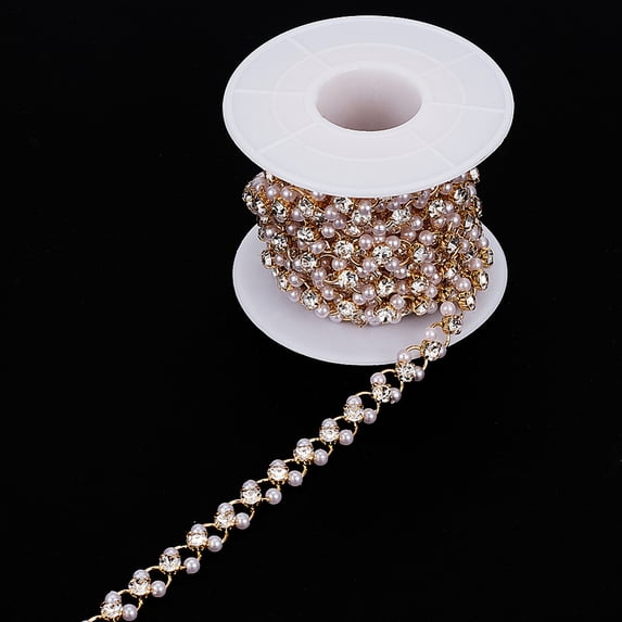 6.56 Feet/2M Pearl Beaded Rhinestone Trim Golden Cubic Zirconia Pearl ...