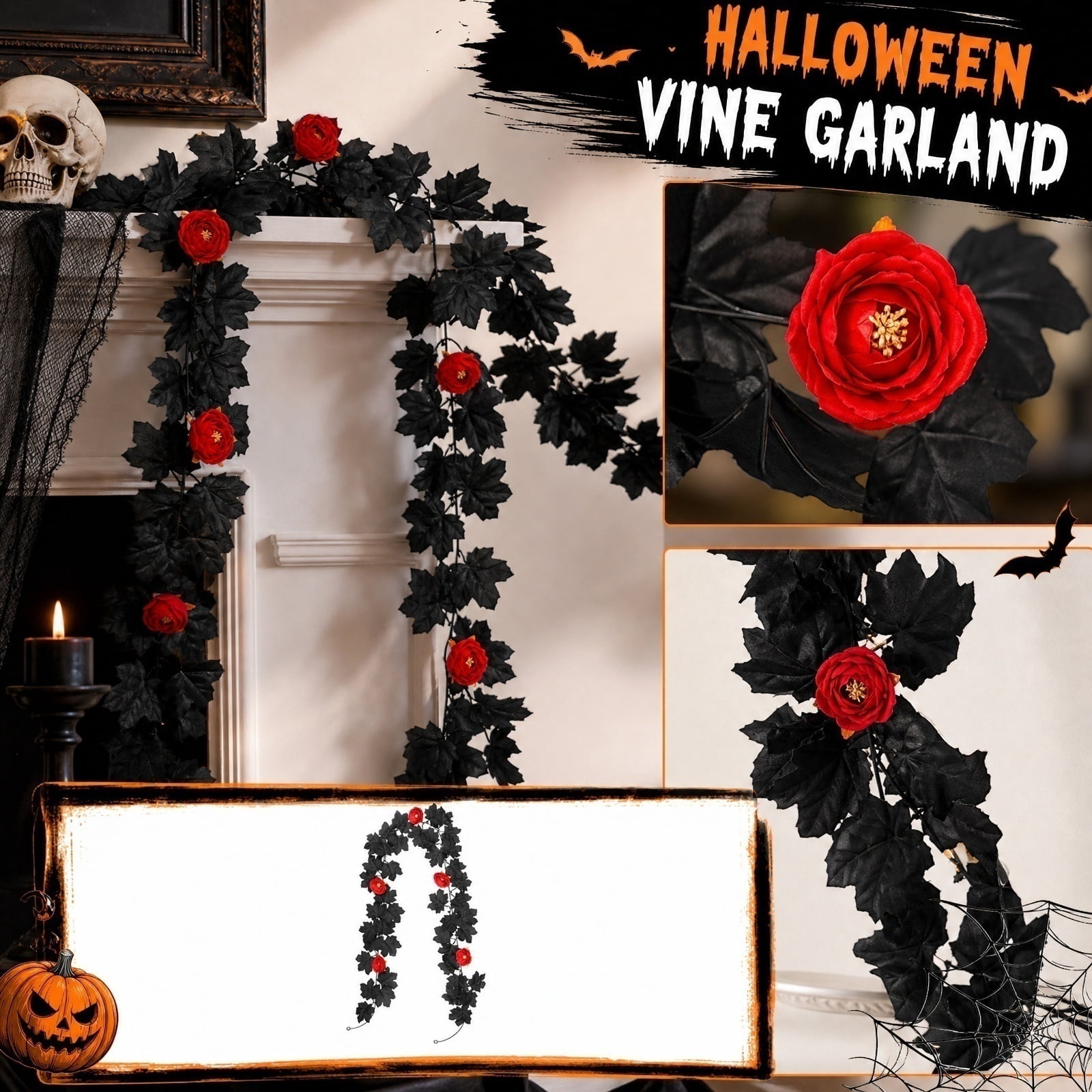6.56FT Halloween Black Leaf Garland, Gothic Vine with Red Roses, Spooky ...