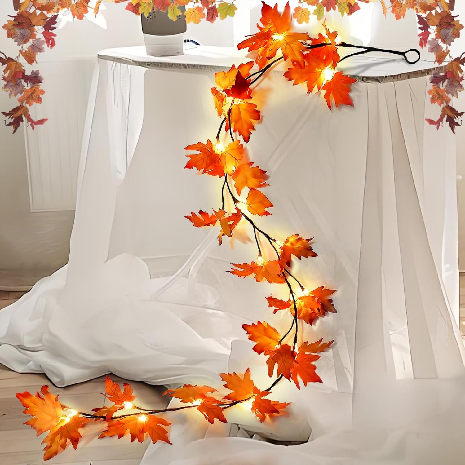 6.56FT Lighted Fall Garland with Lights 24 Warm LED Battery Operated ...