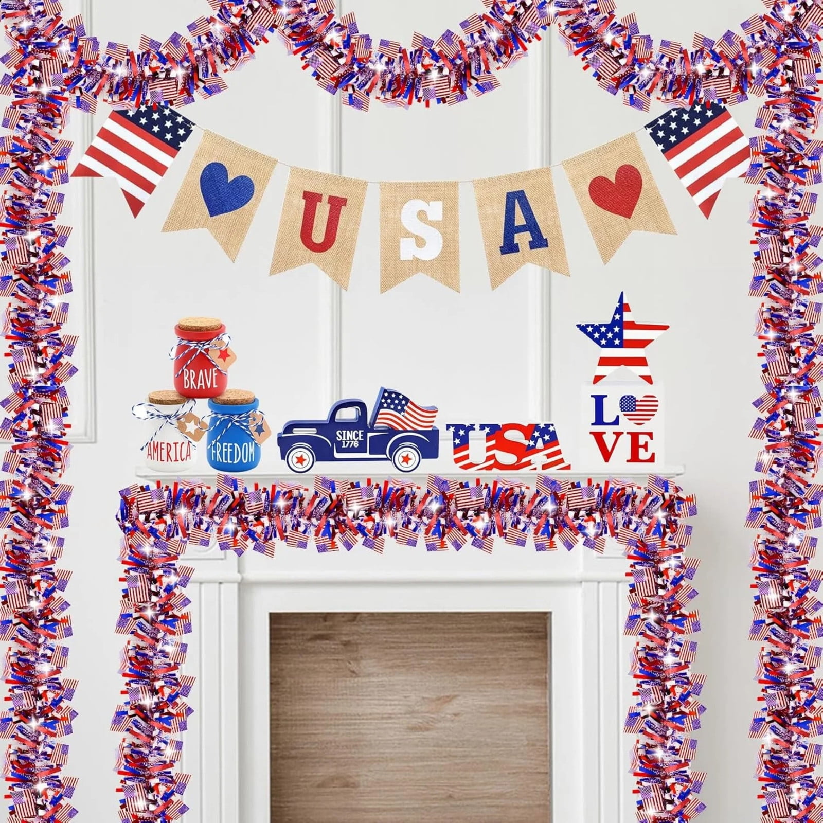 6.56FT Patriotic Star Garland - Red White Blue Metallic Tinsel with ...