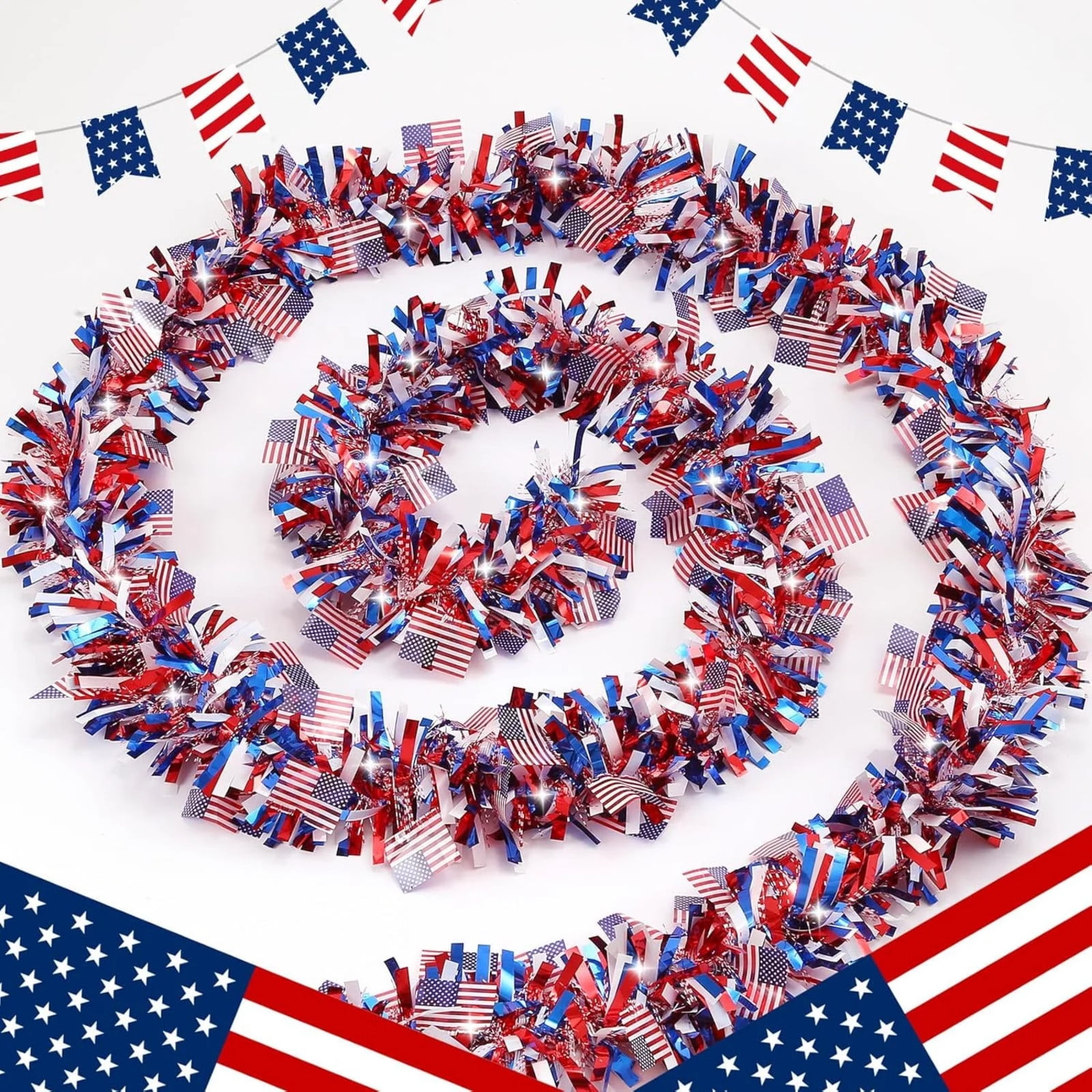 6.56FT Patriotic Tinsel Garland Bundle - Red White Blue Metallic ...