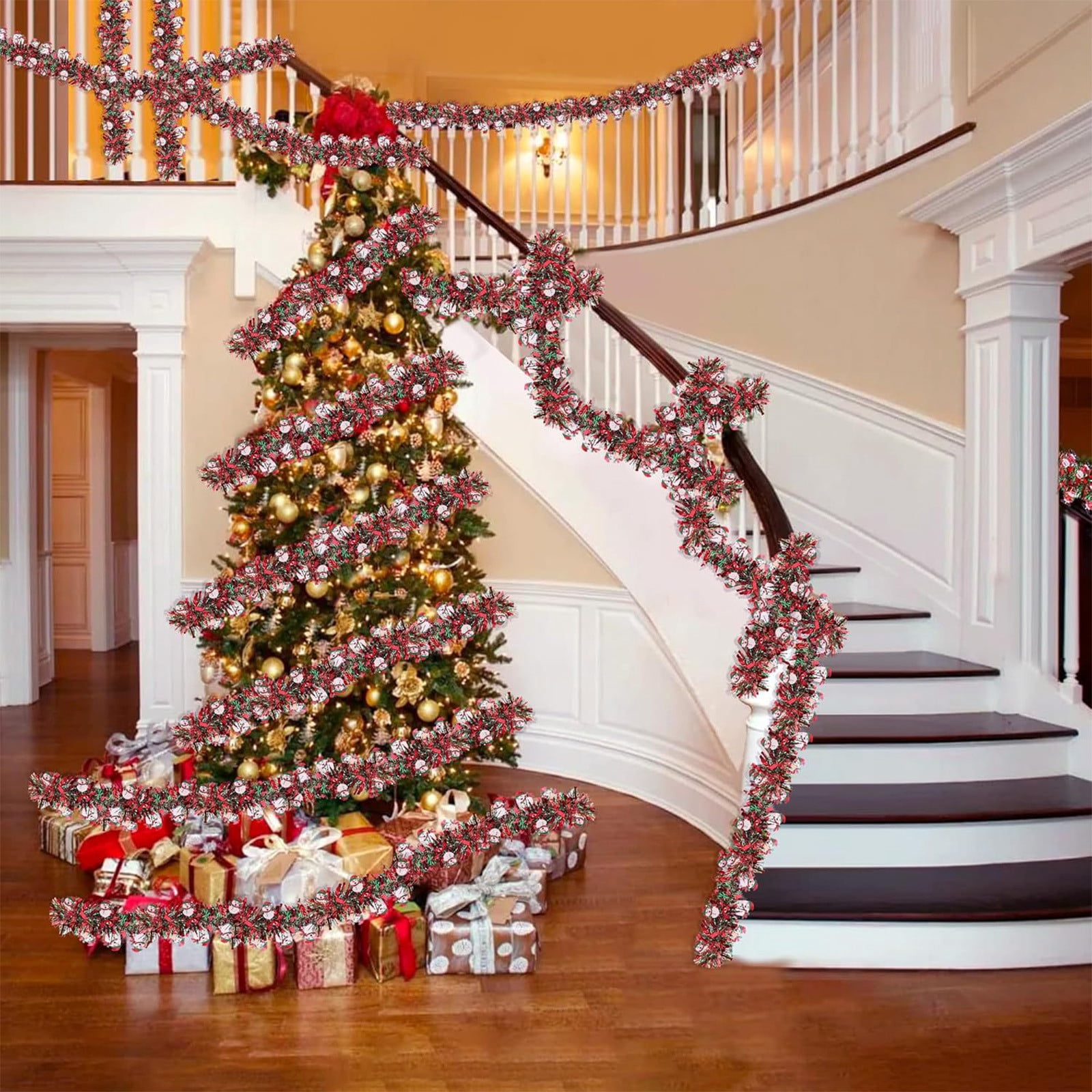 6.56FT Red Green Christmas Tinsel Garland with Snowman Ornaments ...