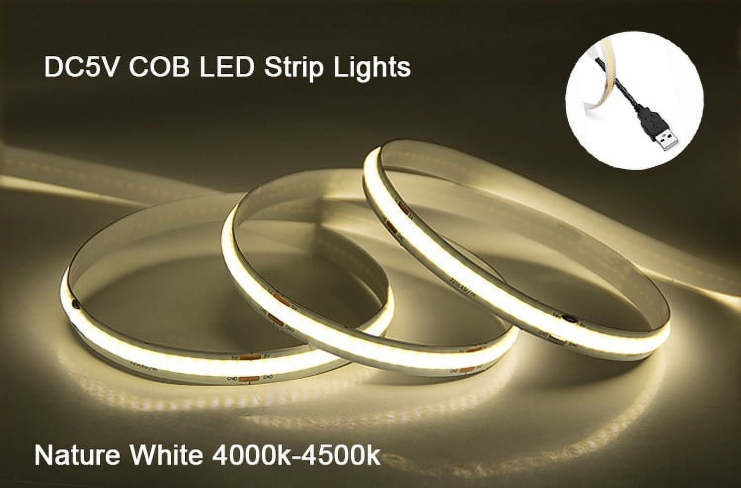 6.56ft COB Led Strip Lights DC5V with USB Connector, Nature White 4000K ...