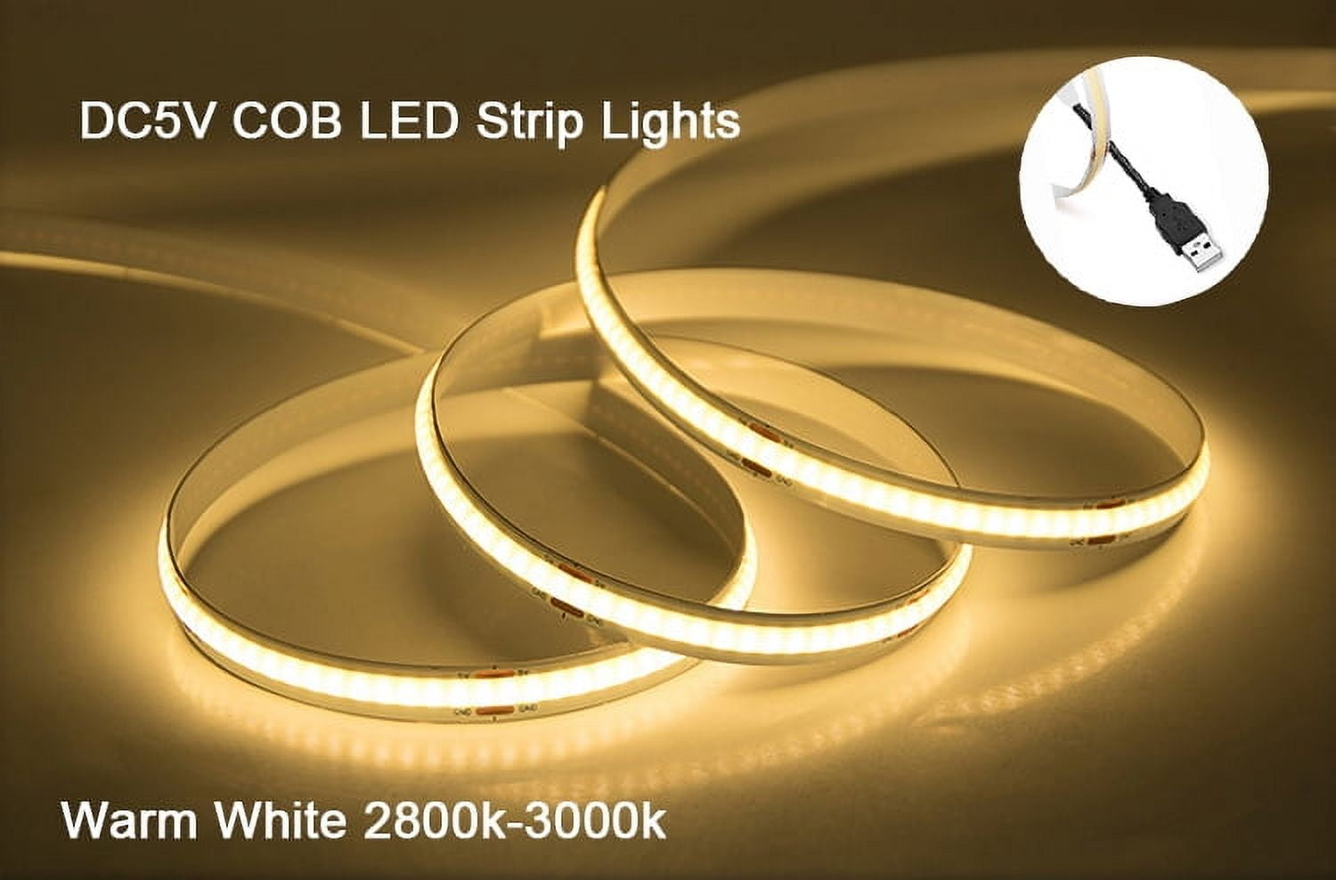 6.56ft COB Led Strip Lights DC5V with USB Connector, Warm White 3000K ...