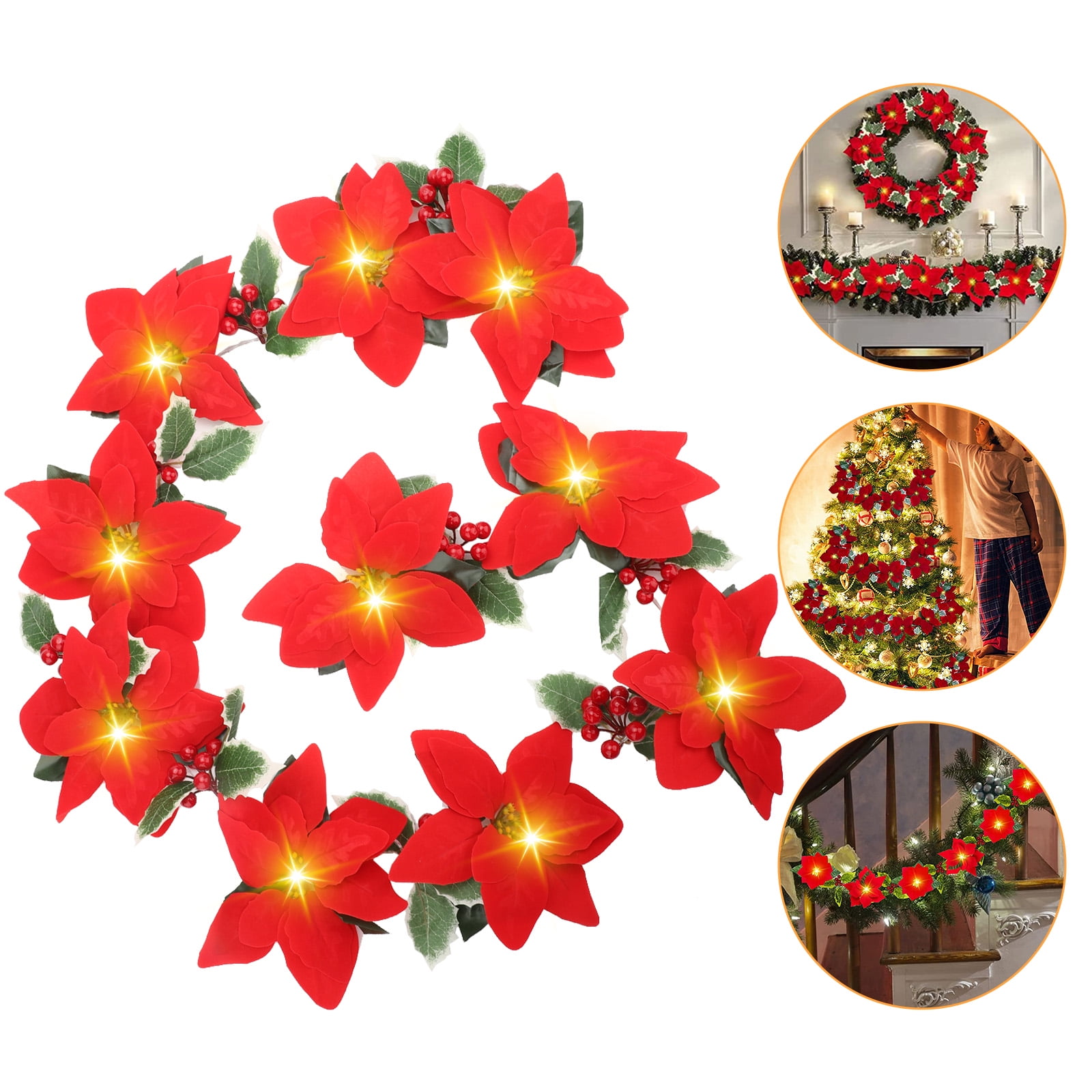 6.56ft Lighted Poinsettia Christmas Garland, EEEkit IP44 Waterproof ...