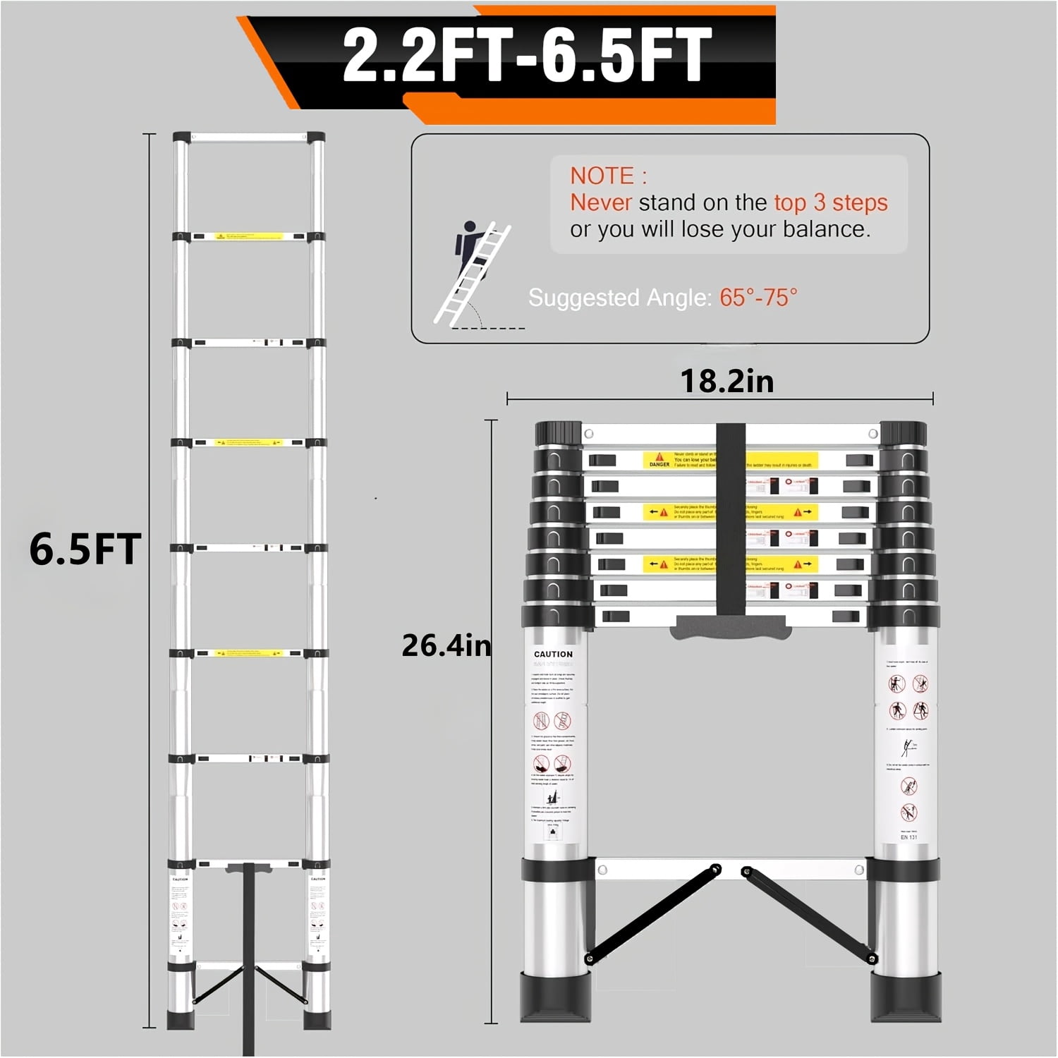 6.5FT/8.5FT Stainless Steel Telescoping Ladder, 400Lbs Load Portable ...