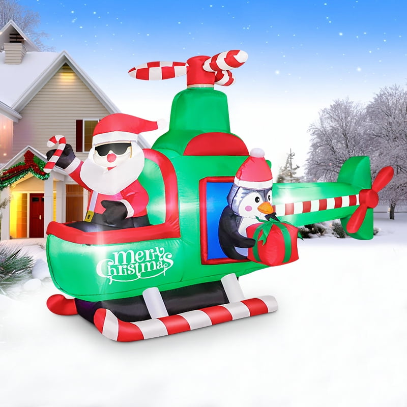6.5FT Christmas Inflatable Santa and Penguin on Helicopter Outdoor ...