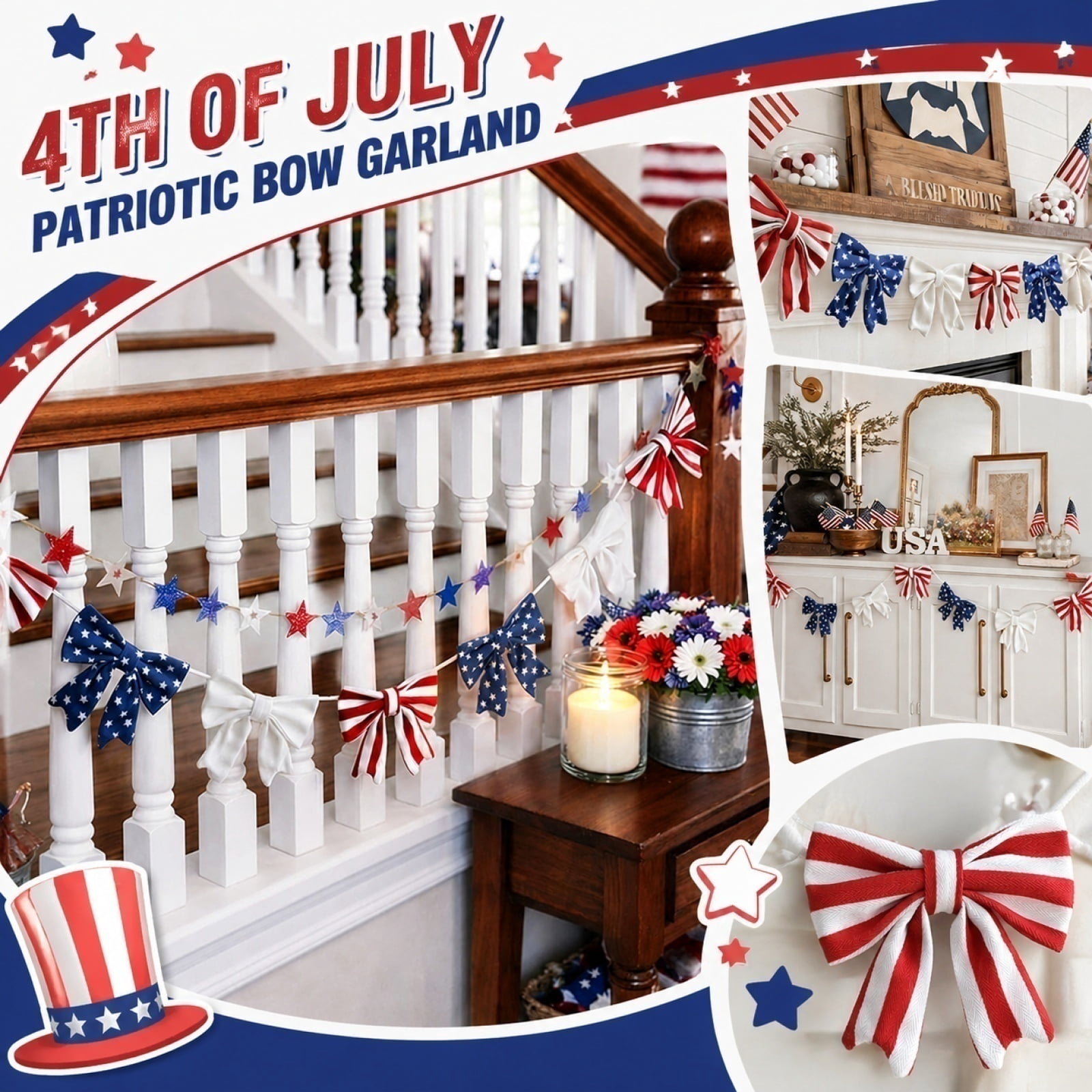 6.5FT Patriotic Bow Garland with Star Banner, Red White Blue Bunting ...