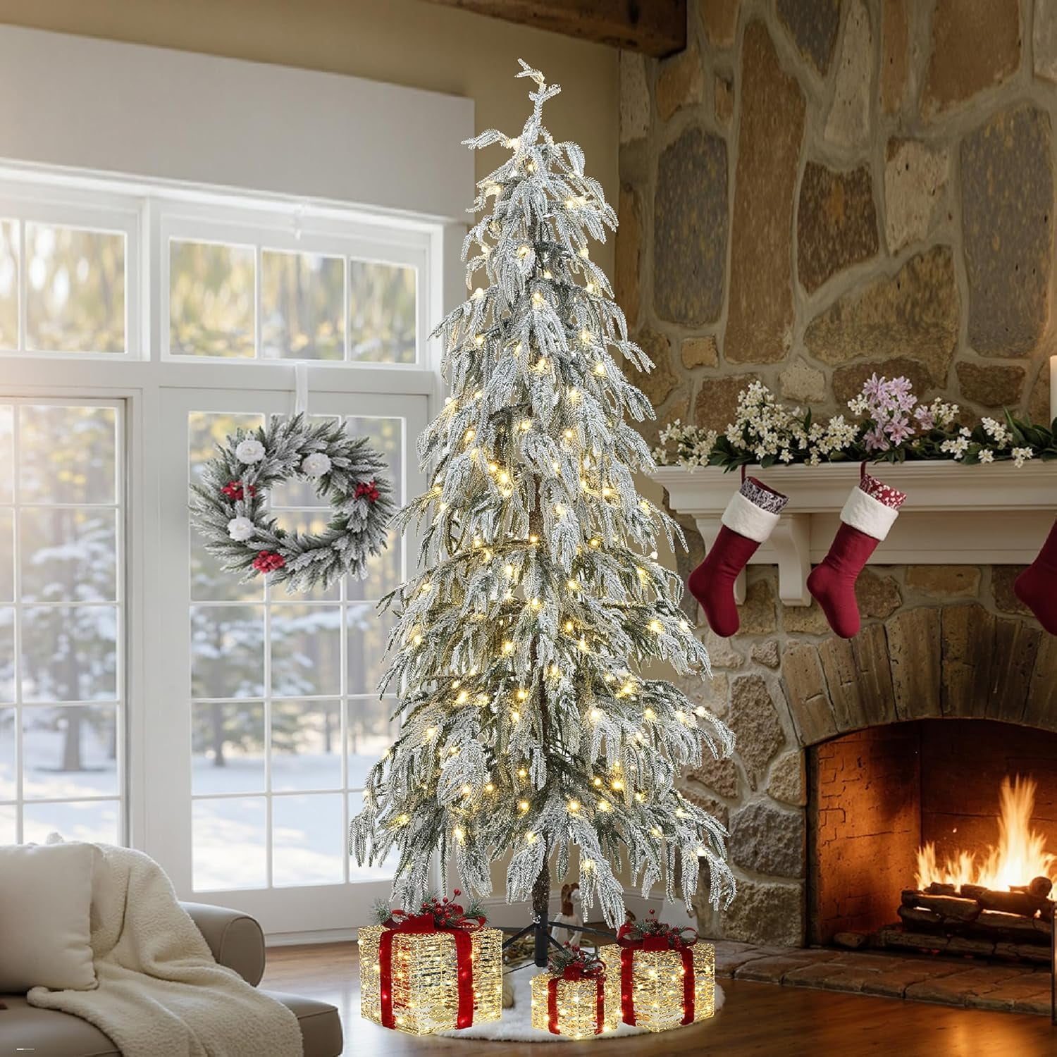 6.5FT Slim Christmas Tree, Skinny Prelit Flocked Artificial Christmas ...