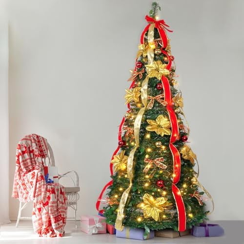 6.5Ft Pop Up Christmas Tree with 200 LED Lights, Remote, and Ornaments ...