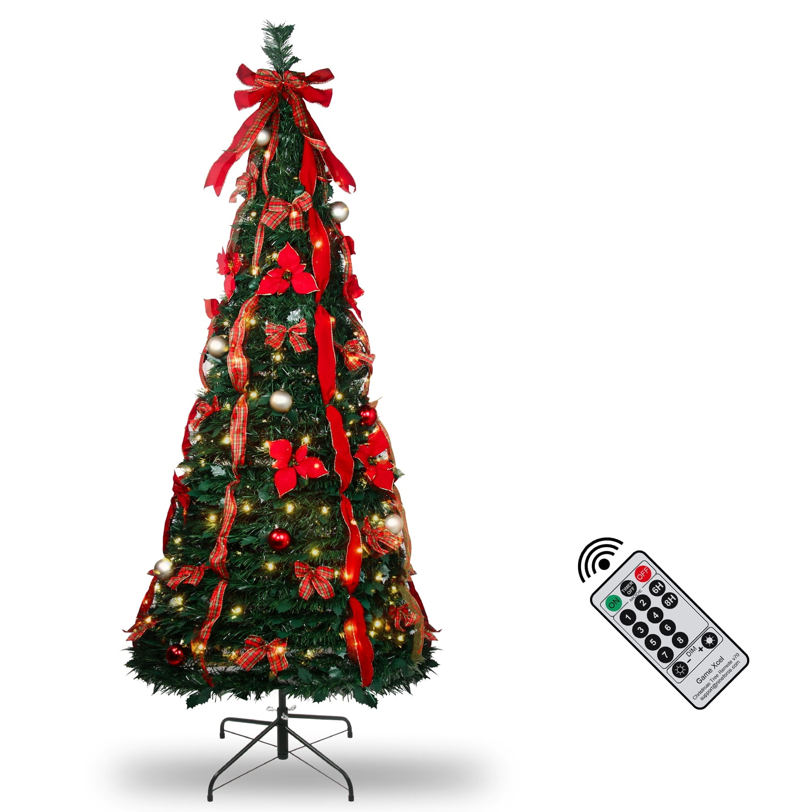 6.5Ft Pop up Christmas Tree with Remote, Pre Lit with Ornaments, Ribbon ...