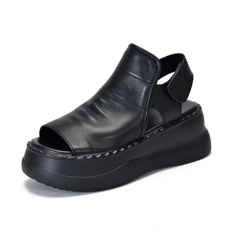 6.5cm Ethnic Platform Wedge Summer Women Cow Genuine Leather Ladies ...