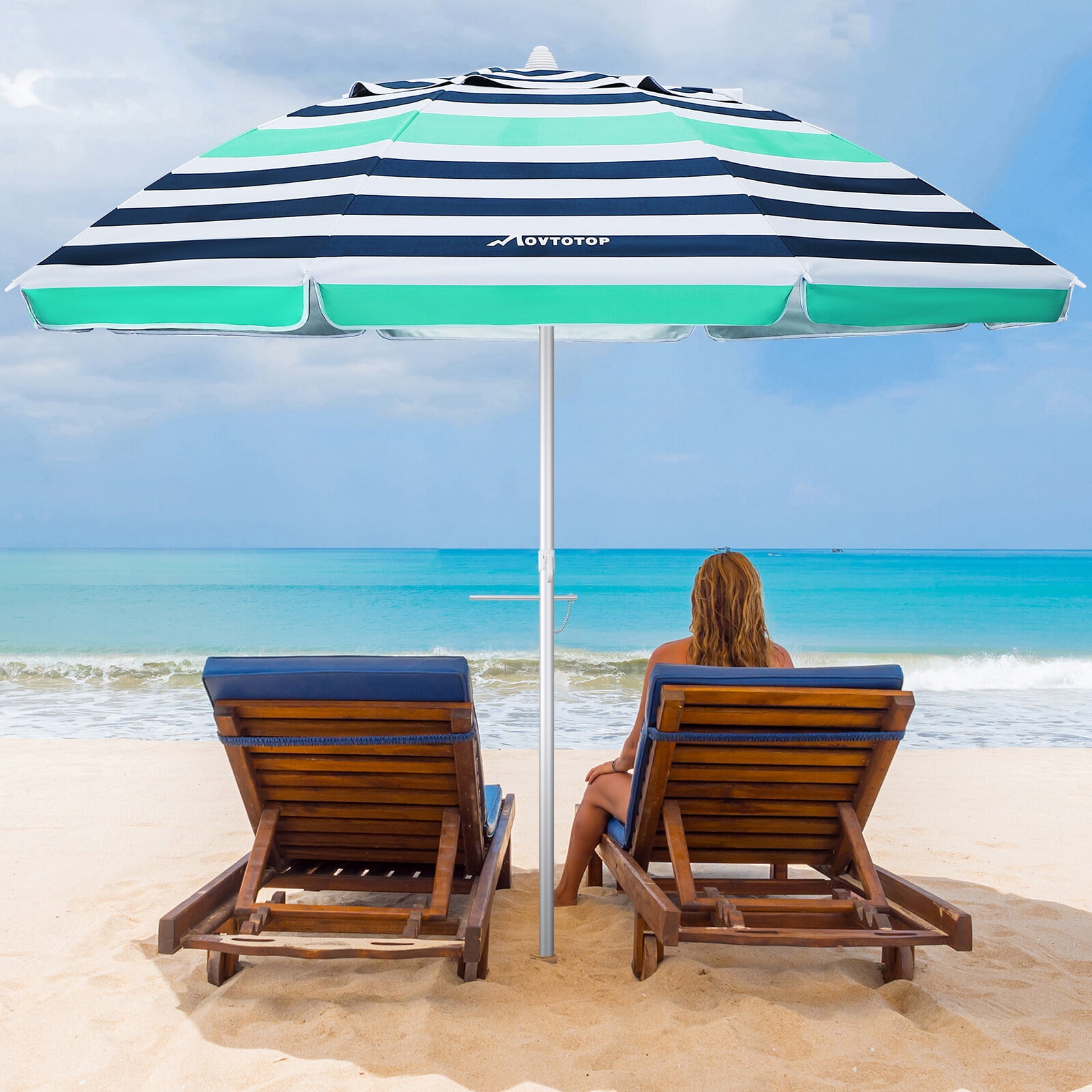 6.5ft Beach Umbrella For Sand Heavy Duty Wind, Portable Sunshade ...