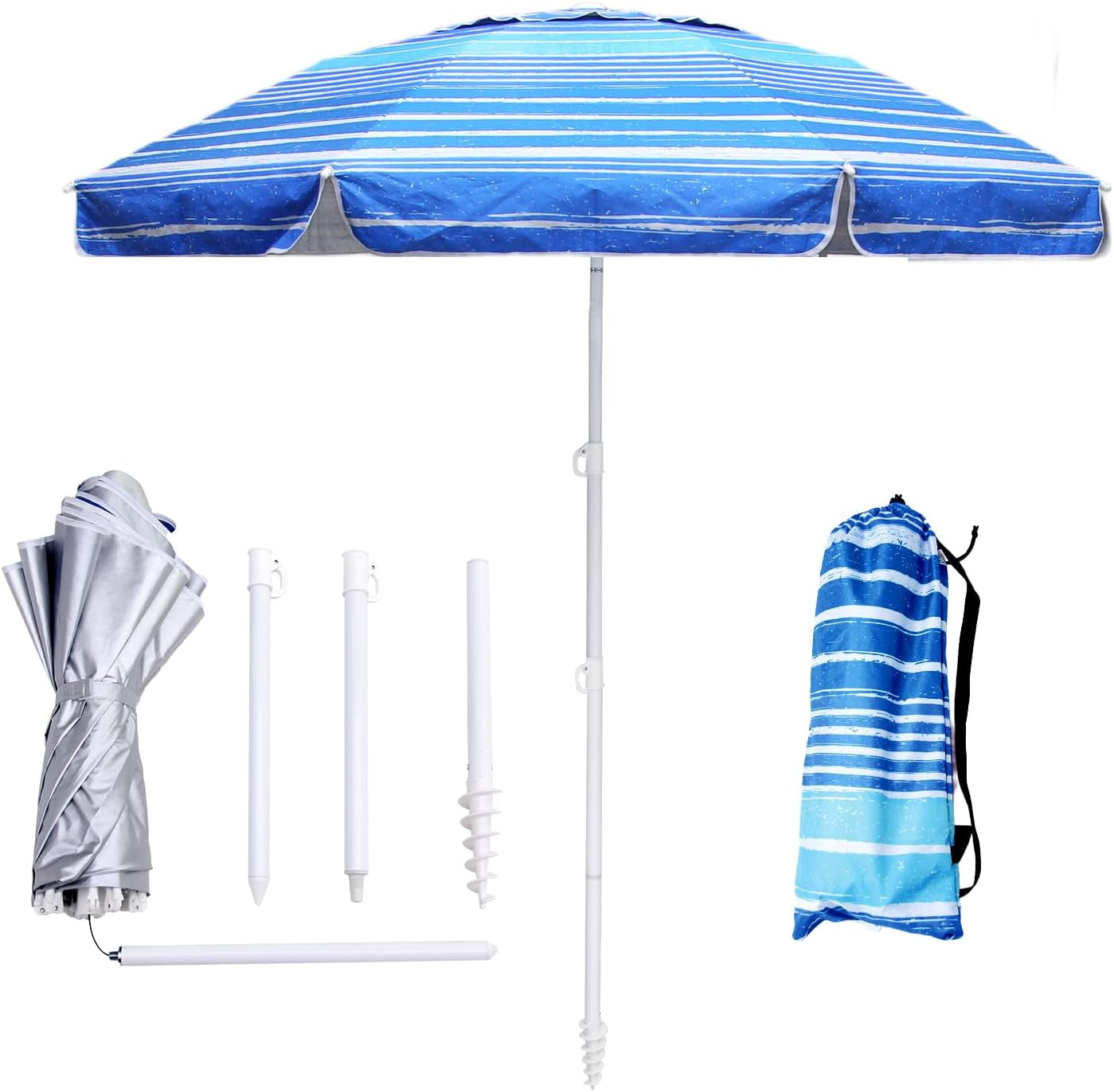 6.5ft Beach Umbrella - Heavy Duty Wind Resistant UV 50+ Portable Sun ...