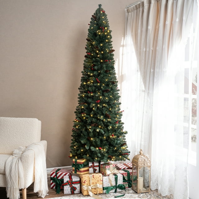 Homestock 6.5ft Pre-lit Slim Pencil Christmas Tree with 250 Lights, 754 ...