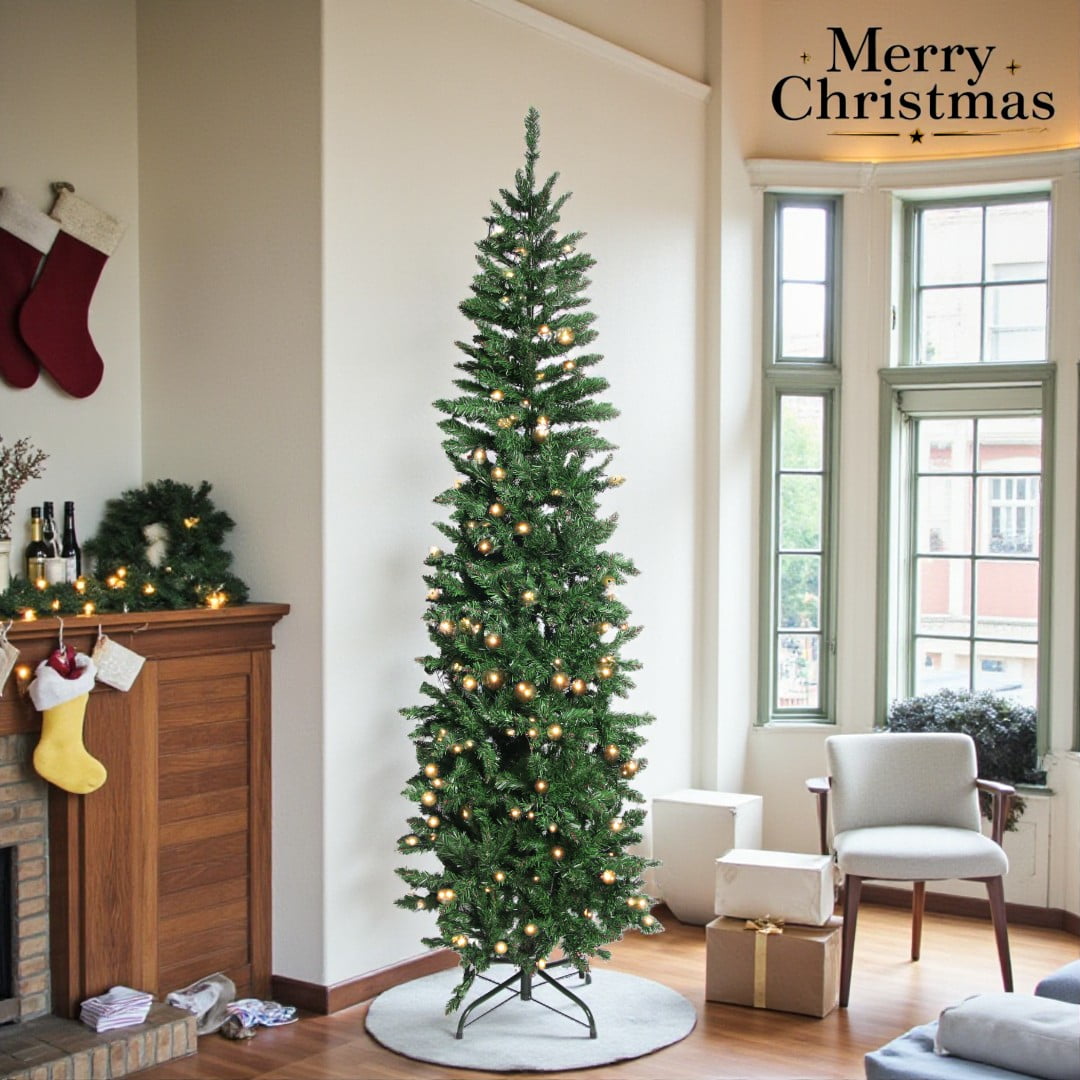 6.5ft Pre-Lit Christmas Tree with Warm White LED Lights, Artificial PVC ...