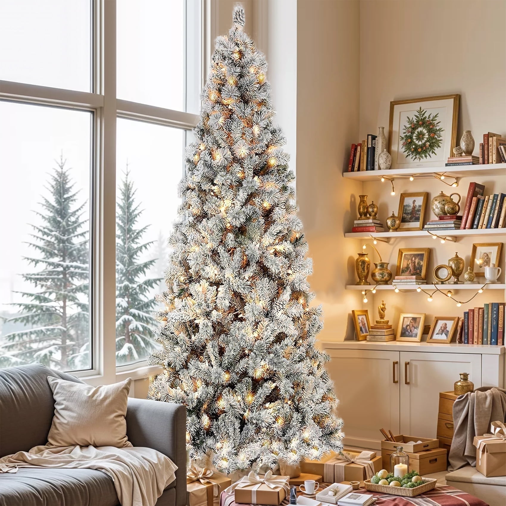 iFanze 6ft Christmas Tree, Pre-Lit, Snow Flocked, Easy Set, Hinged ...