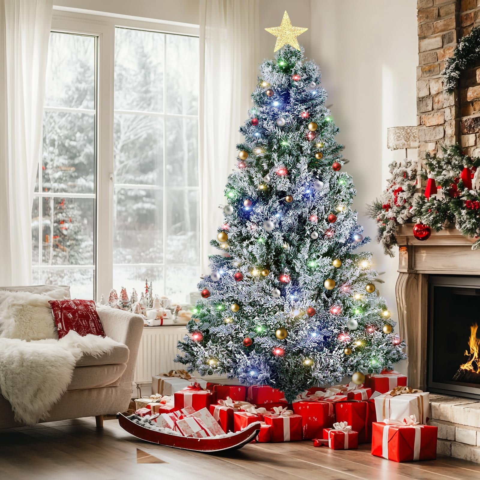 6.5ft Prelit Artificial Christmas Tree, Snow Flocked Xmas Tree with 470 ...