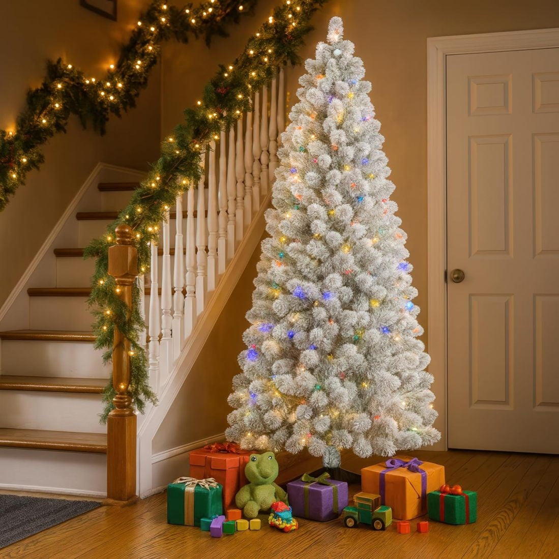 6.5ft White Flocked Christmas Tree with Lights – Pre Lit Flocked ...