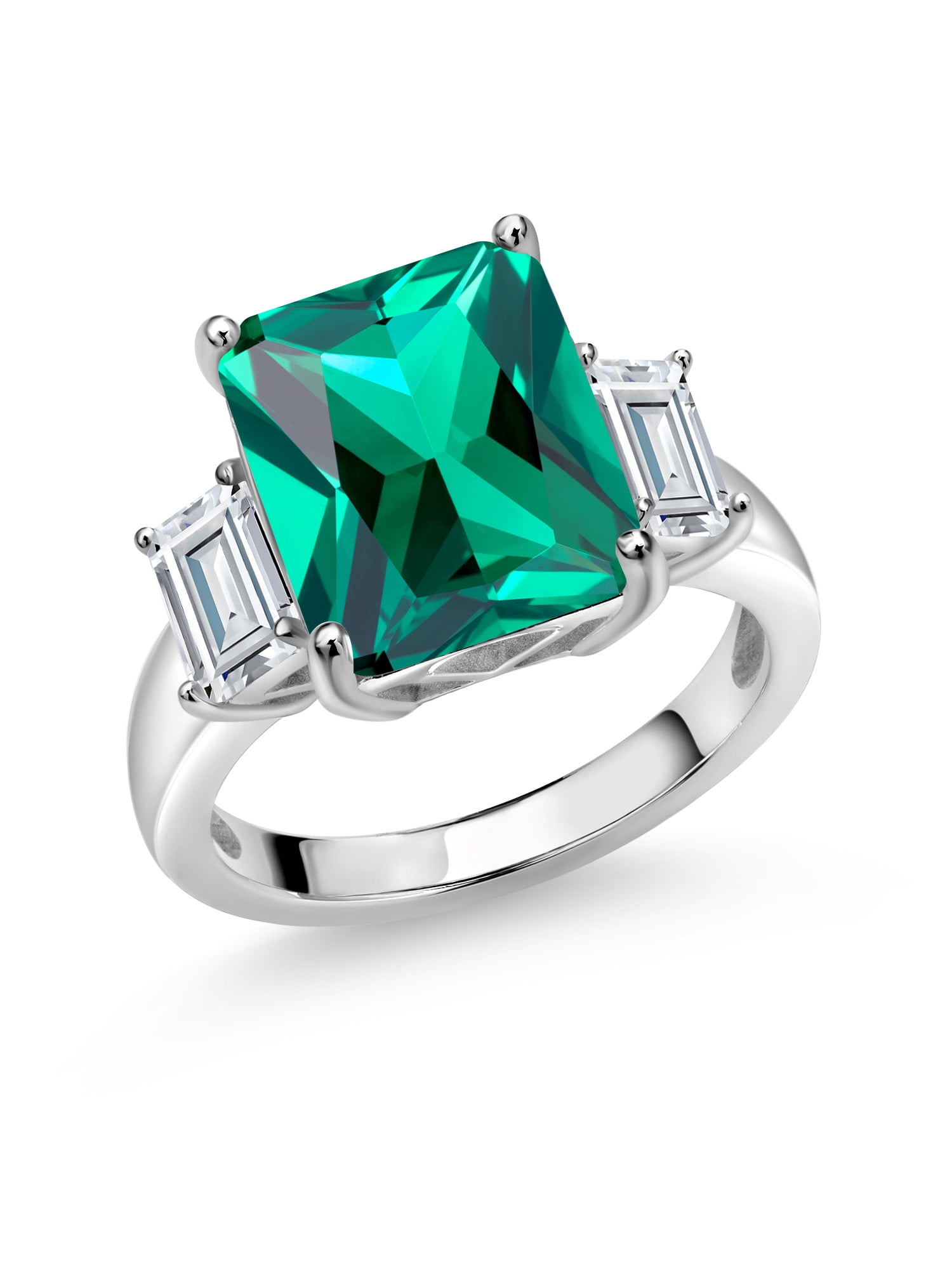 6.62 Cttw 925 Sterling Silver Emerald Cut Green Nano Emerald and White ...