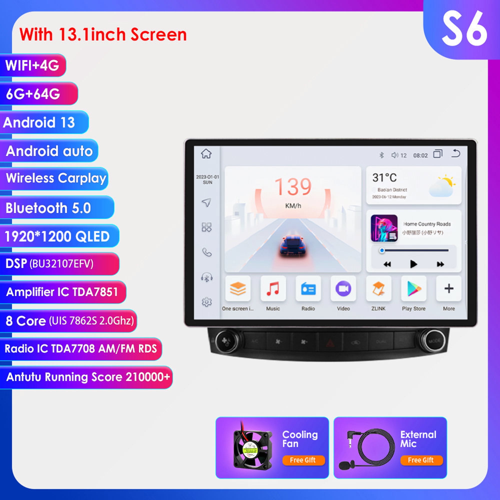 6+64GB Android 13 Bluetooth Apple Carplay 13.1" Car Stereo Radio Head Unit Multimedia GPS ...