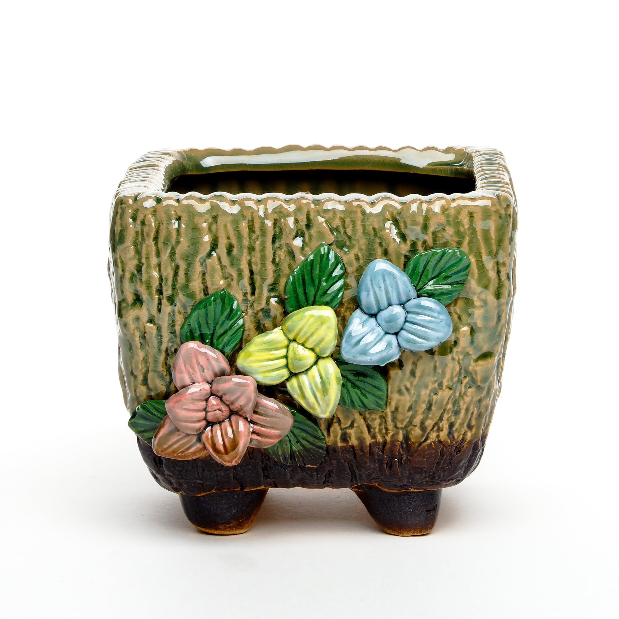 6.69" Small Green Square Footed Ceramic Planter Pot with Drainage Hole ...