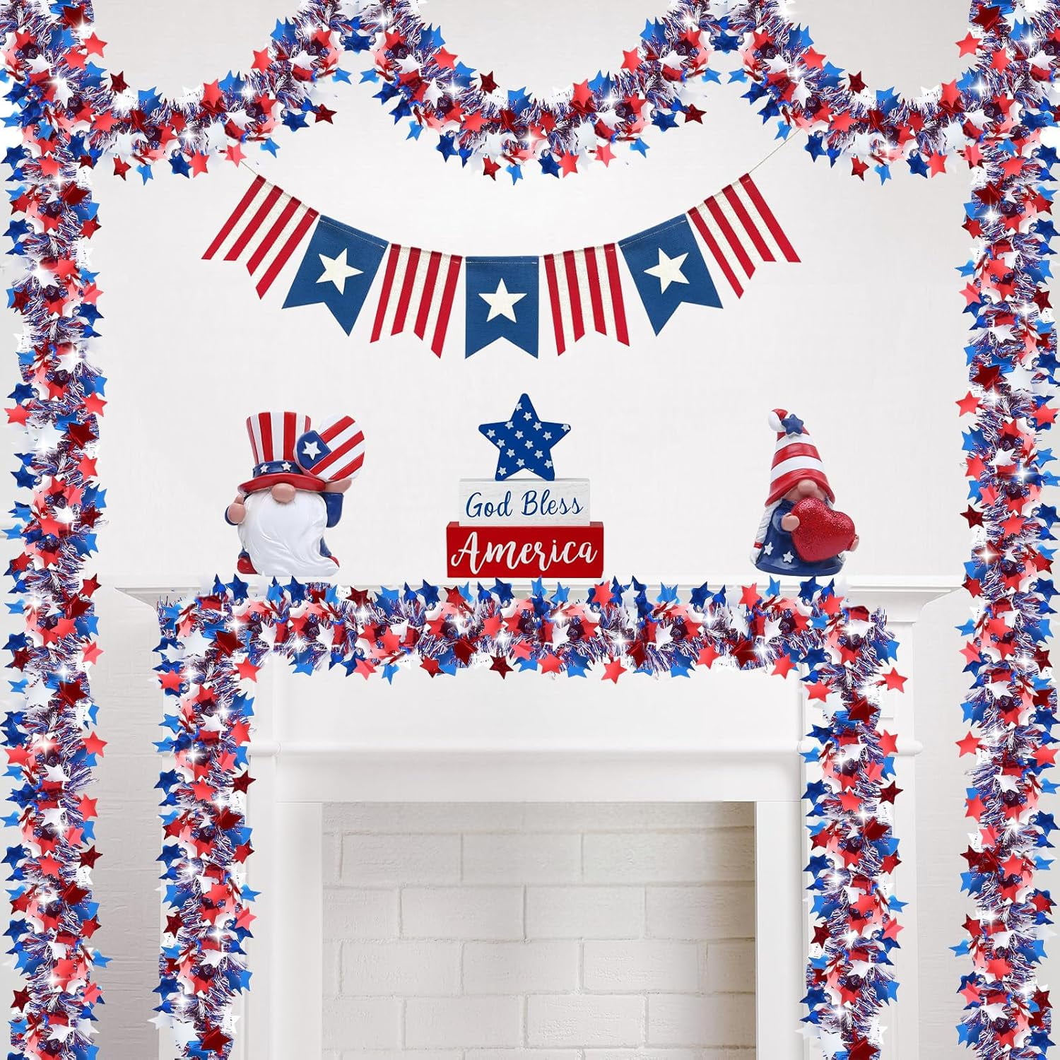 6.6FT Curly Metallic Tinsel Garland - Patriotic Red White Blue ...
