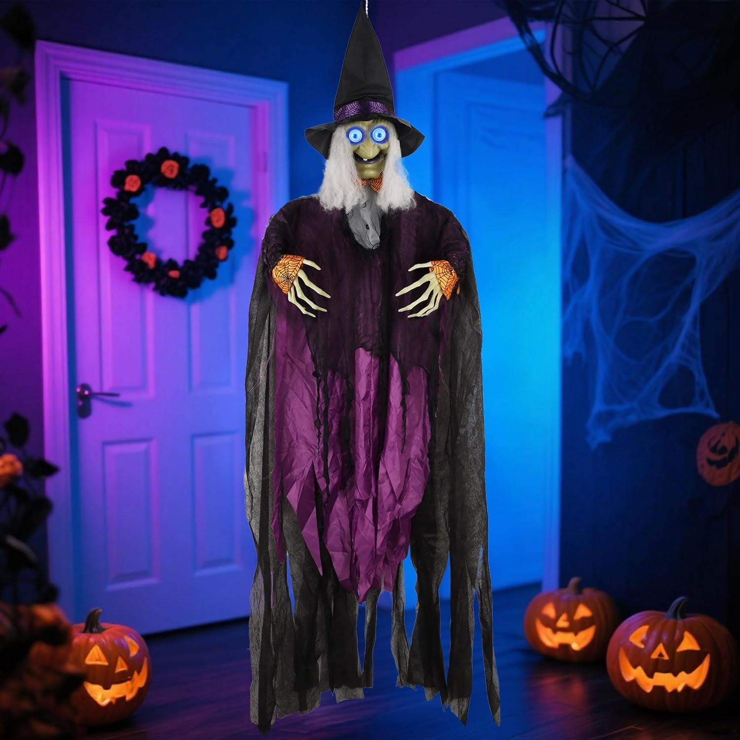 6.6FT Hanging Witch Halloween Decorations Outdoor, Animated Talking ...