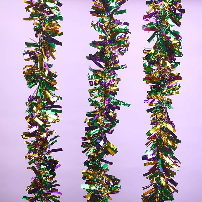 6.6Ft Mardi Gras Tinsel Garland Green Purple Gold Wide Cut Metallic ...