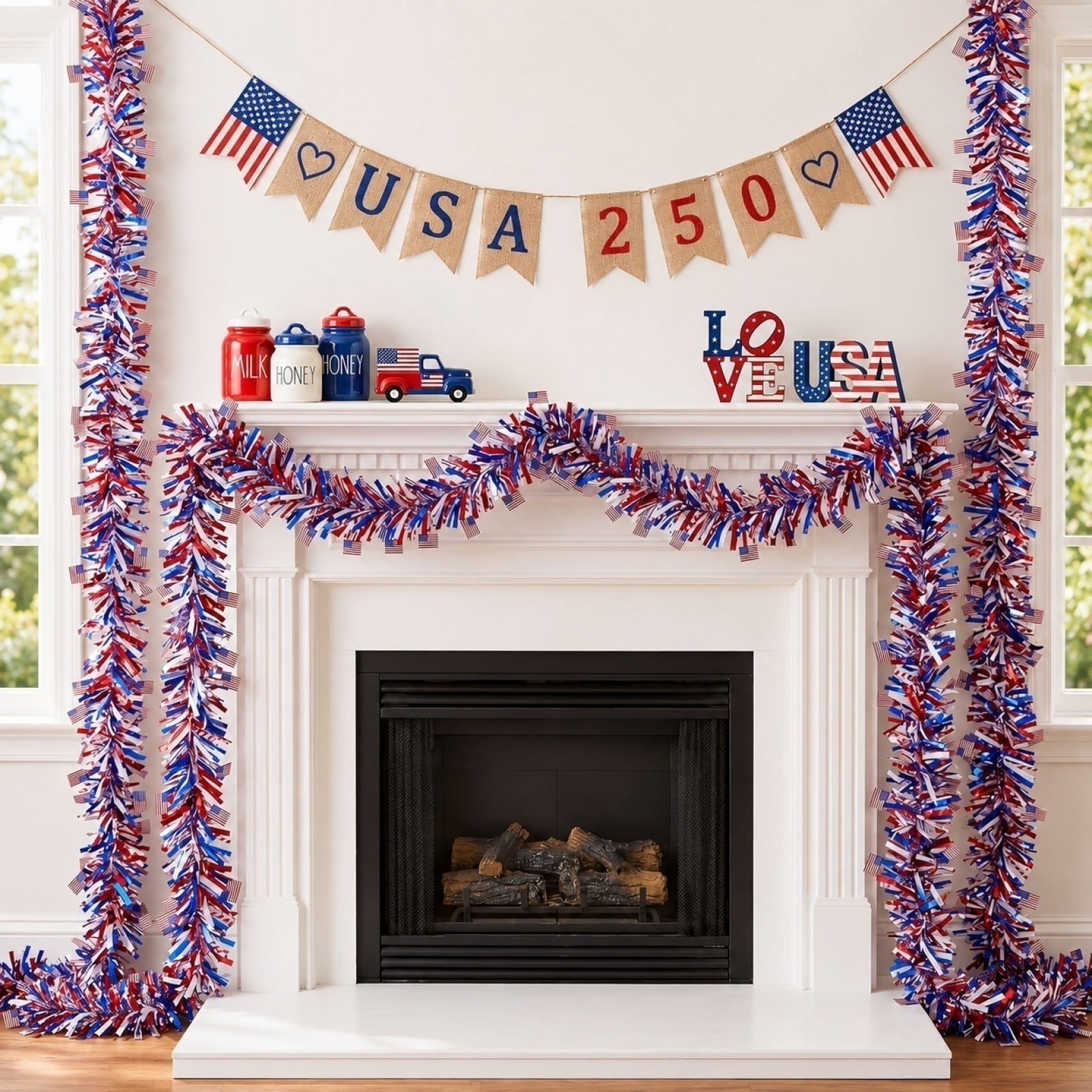 6.6Ft Patriotic Tinsel Garland Decoration, Red White Blue American ...