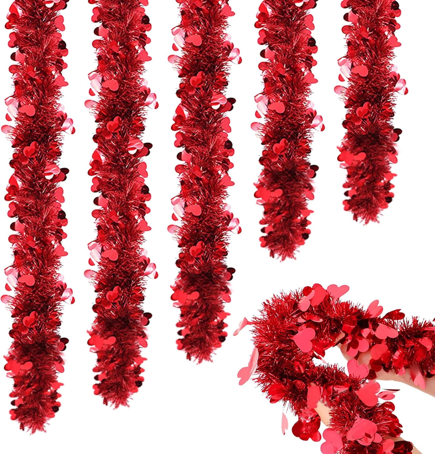 6.6Ft Valentine's Day Tinsel Garland,Red Heart Metallic Tinsel Twist ...