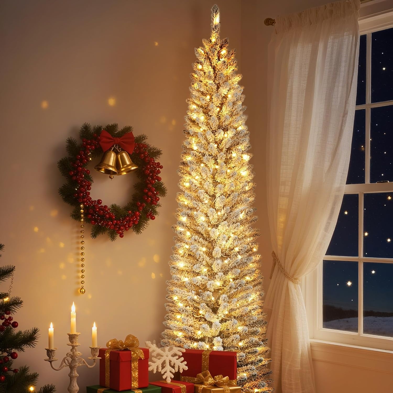 Flocked Pre Lit Pencil Christmas Tree