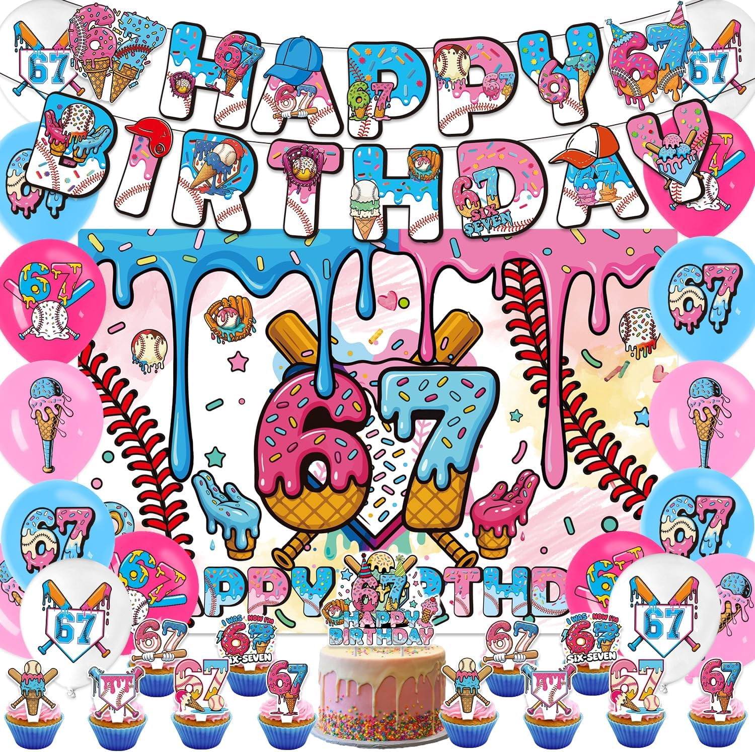6 7 Birthday Decorations – Happy Birthday Banner with Ice Cream Drip ...