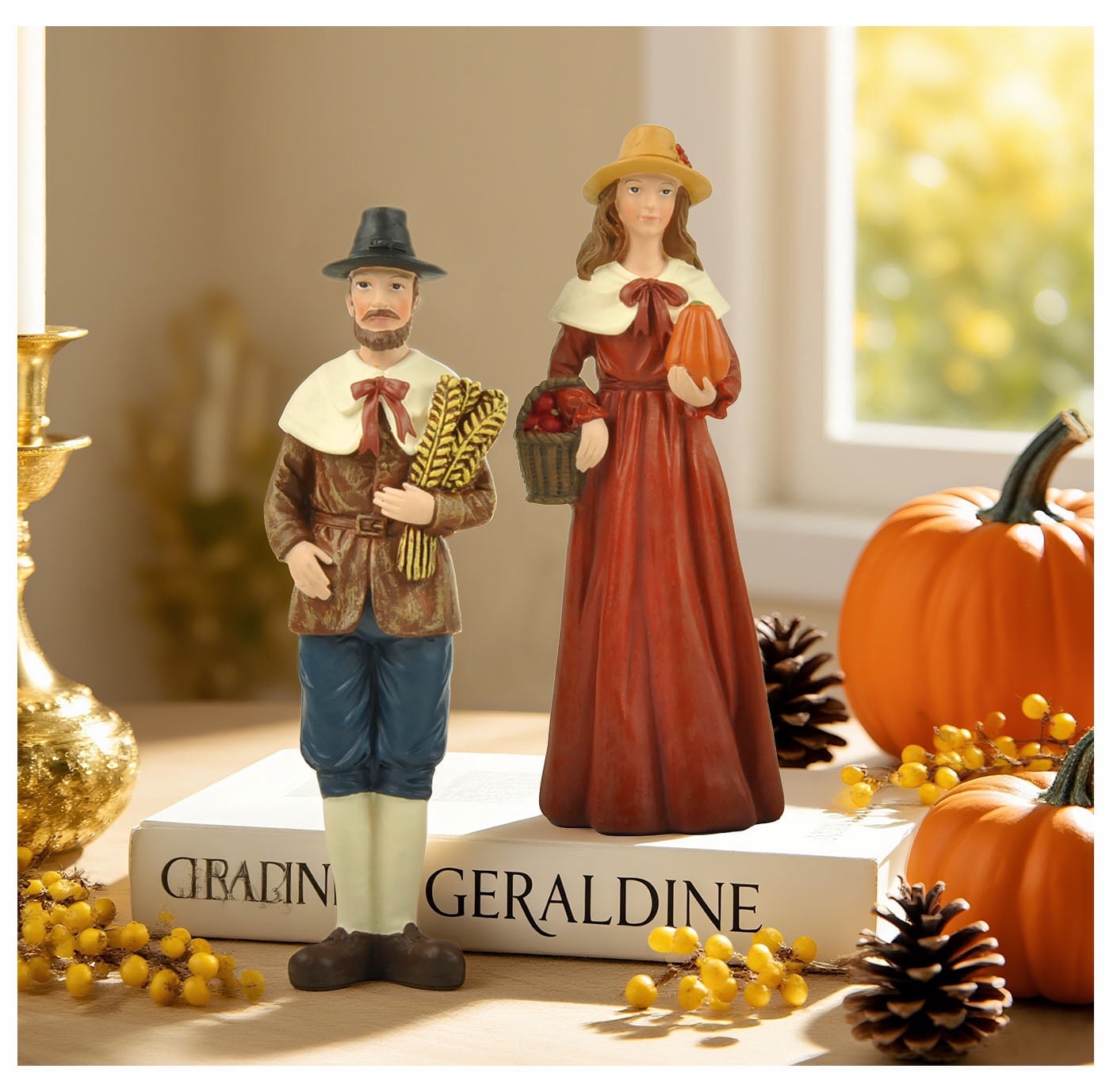 6.7” H Thanksgiving Pilgrim Couple Pumpkin Statues - Resin Couple ...