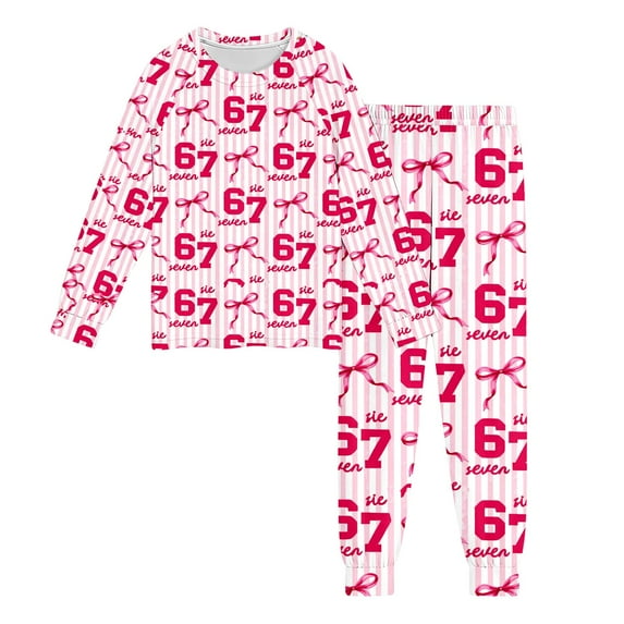 6 7 Meme Funny Pajama Set for Kids with Bow Print Design on Long Sleeve ...